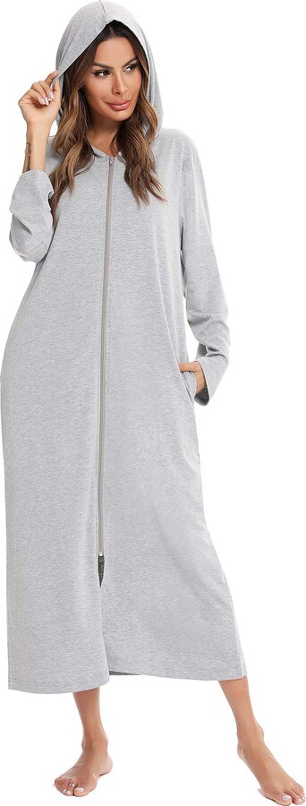 Veseacky Womens Zip Up Fleece Plush Robe Long Soft Bathrobe House Coat ...