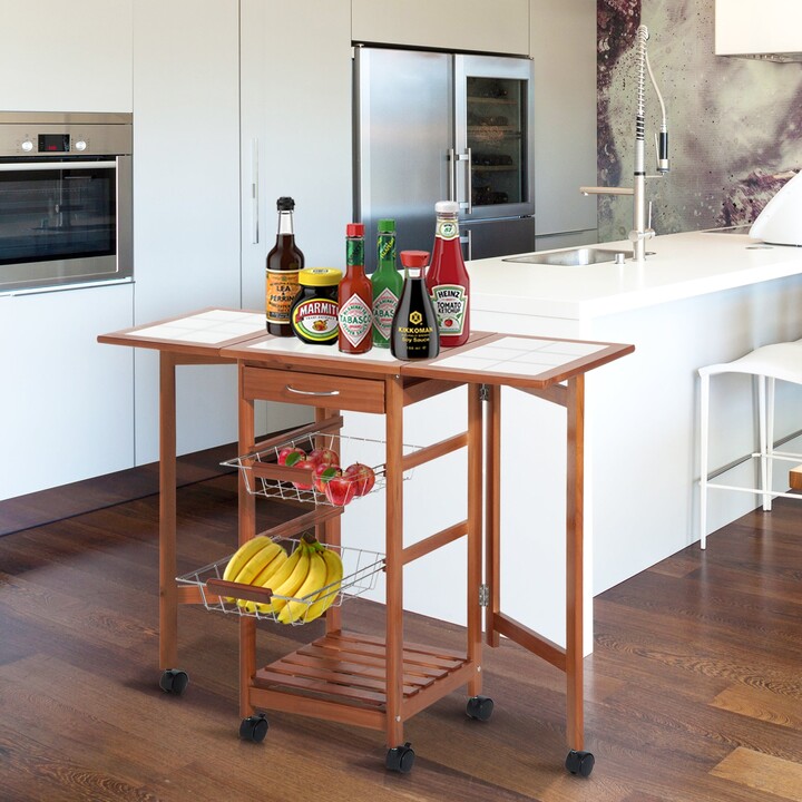 HomCom Folding Rolling Trolley Kitchen Cart Table Island with Basket ...