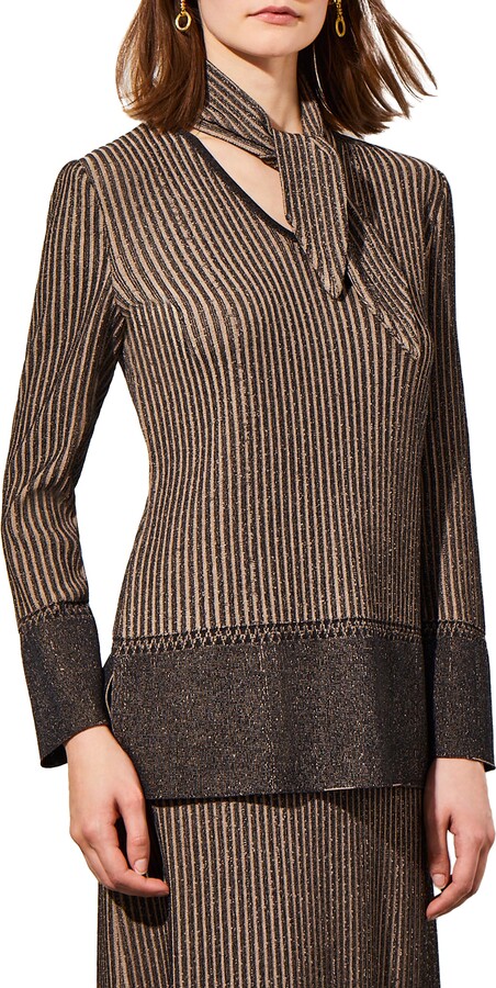 Ming Wang Shimmer Stripe Contrast Border Sweater with Scarf Tie - ShopStyle