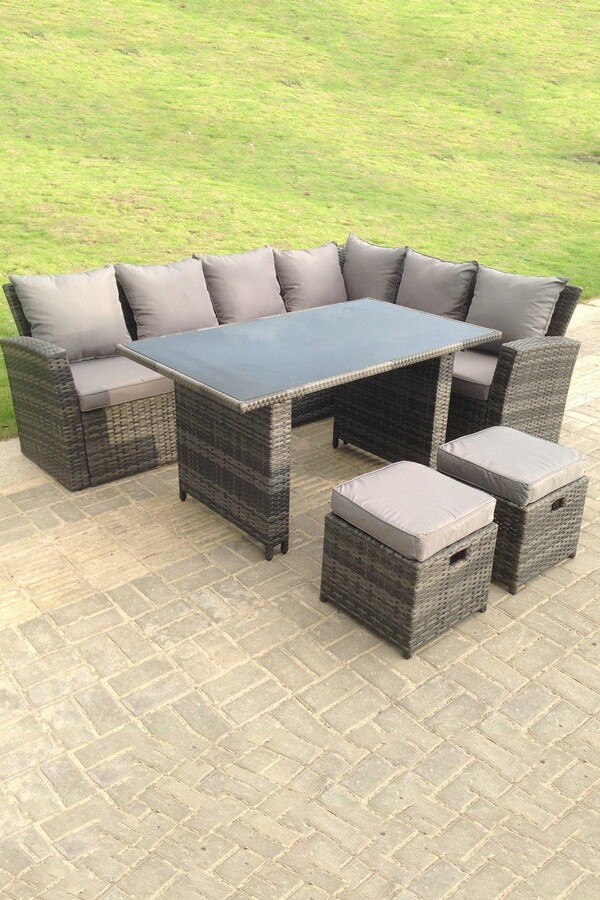 Fimous High Back Rattan Corner Sofa Dining Table With Stools 8 Seater ...