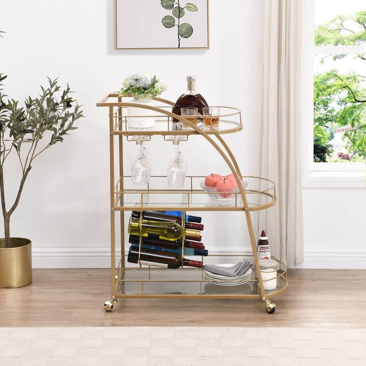 Mieres 3-Tier Bar Cart, Glass Kitchen Serving Cart with Lockable Wheels ...