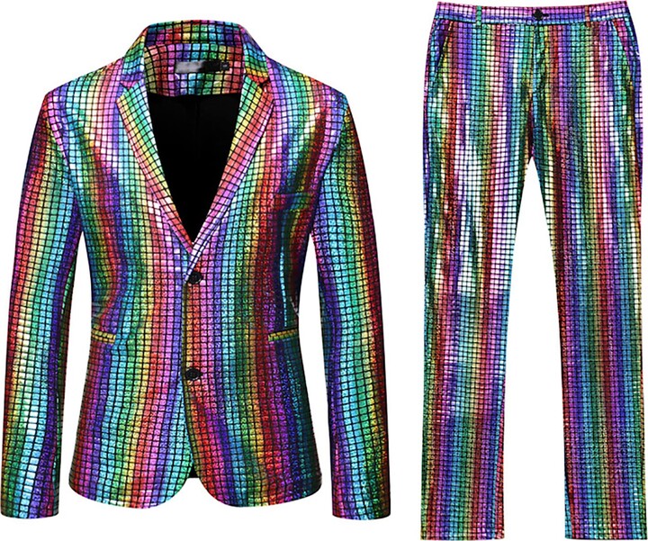 kekafu 2 Pieces Men's Disco Sets Metallic Sequin Suits 70s Disco ...