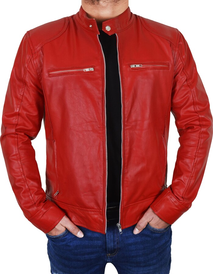 Fashion_First Red Leather Biker Jacket Mens Cafe Racer Leather Jacket ...