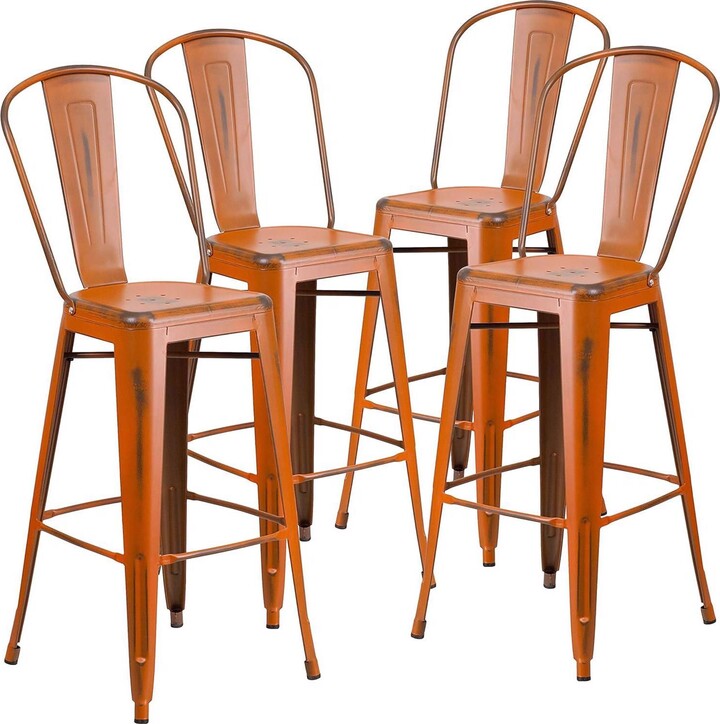 FWStyle Set Of 4 30" Orange Distressed Bar Stools Galvanised Steel ...