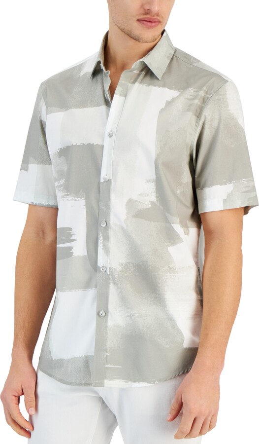 Alfani Men's Painted Blocks Regular-Fit Stretch Printed Button-Down Shirt, Created for Macy's ...