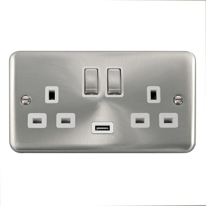SE Home Curved Satin Chrome 2 Gang 13A DP Ingot 1 USB Twin Double ...