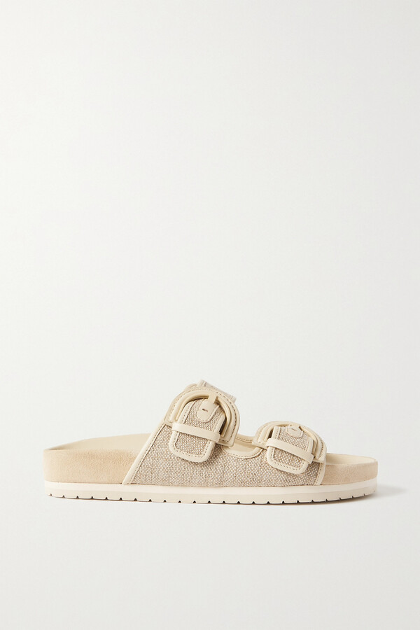 Vince Glyn Leather-trimmed Linen Slides - Gray - ShopStyle Flat Sandals