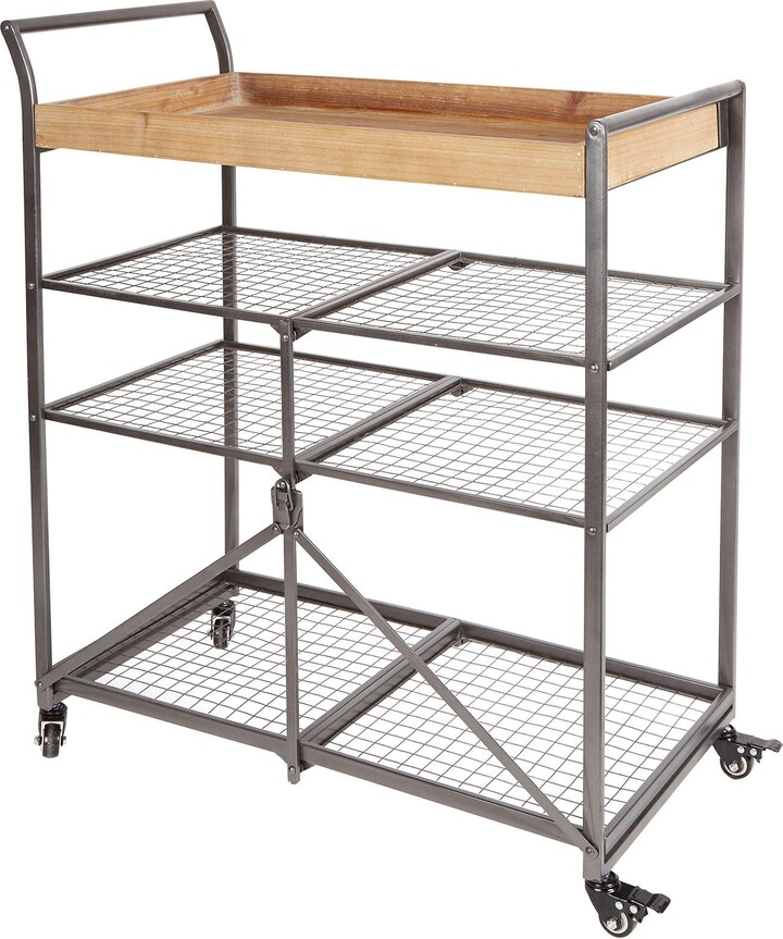 Global Pronex Folding Metal and Wood Top Industrial Rolling Bar Cart ...