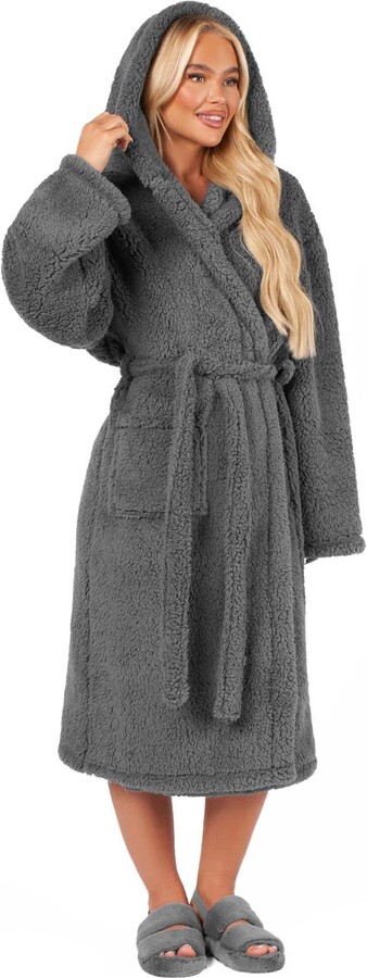 OHS Charcoal Grey Teddy Fleece Fluffy Dressing Gown - ShopStyle ...