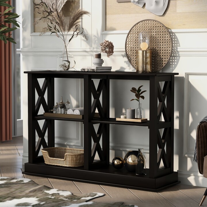 GREATPLANINC Hollow Out Design Console Table with 3-Tier Open Shelfs ...