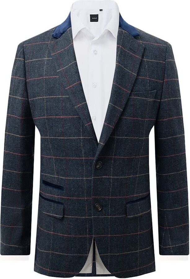 Dobell Mens Blue Tweed Jacket Regular Fit Windowpane Check Velvet Trims ...