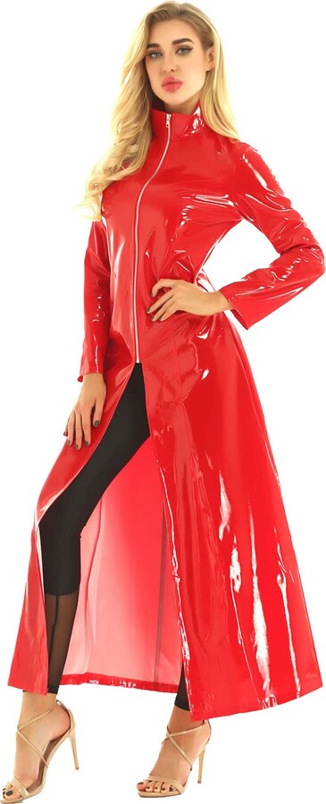 Mufeng Womens Shiny Metallic Leather Vinyl Turtleneck Zipper Trench ...