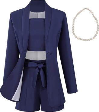 aromm Women's 3 Piece Office Work Suit Set Long Sleeves Blazer + Tied ...