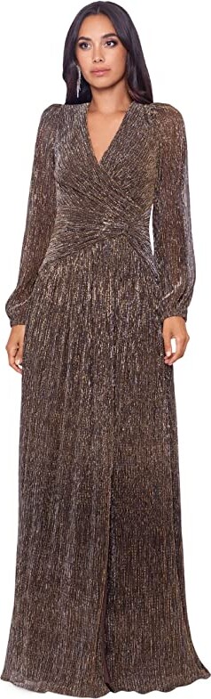 Xscape Evenings Long Sleeve Metallic V-Front Dress - ShopStyle