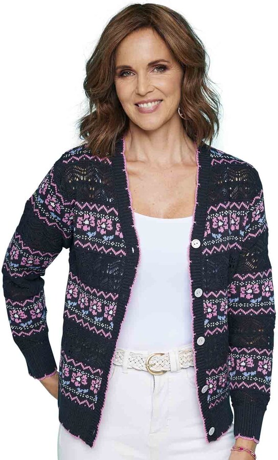 Amber | Ladies | Floral Jacquard Tipped Edge Cardigan | Navy - ShopStyle