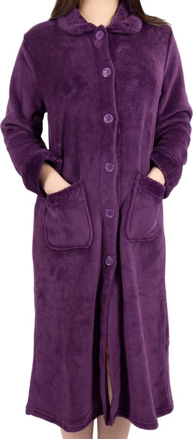 Slenderella Ladies Button Up Coral Fleece Dressing Gown Bath Robe with ...