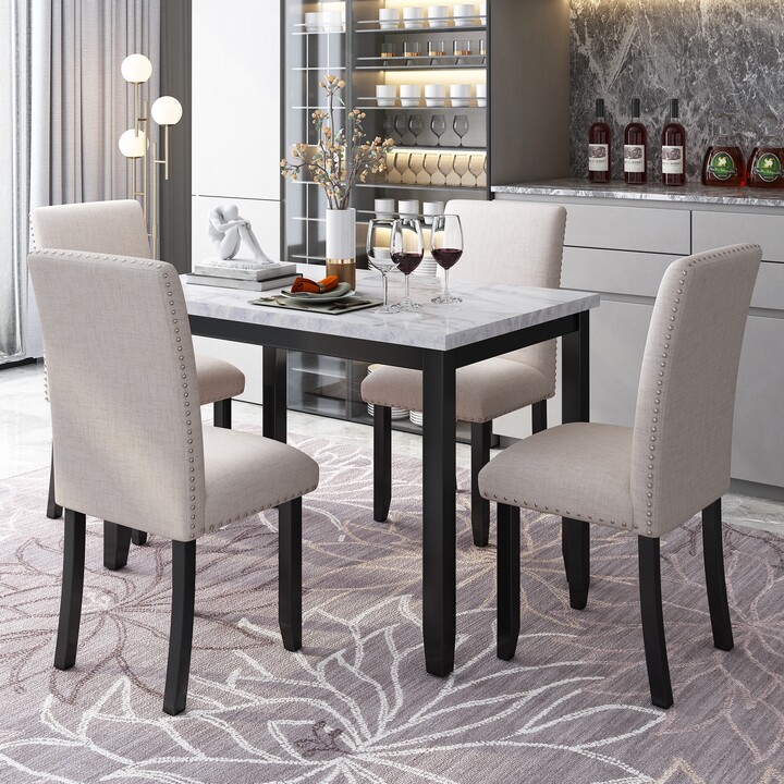 NINEDIN Modern 5-Piece Dining Table Set with Rectangular Marble Dining ...