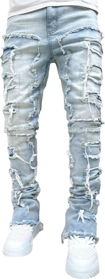 Ahafeni Mens Ripped Stacked Jeans Distressed Straight Jeans Skinny ...