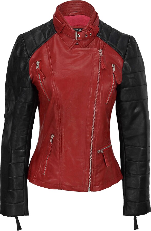 Xposed New Ladies Black Red Vintage Soft Genuine Real Leather Biker ...