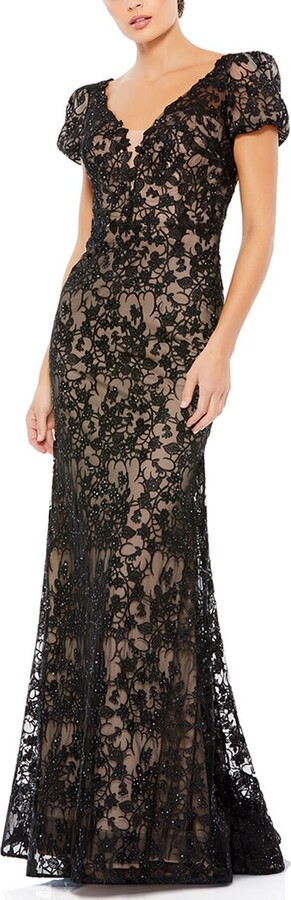 Mac Duggal Lace Plunge Neck Short Puff Sleeve Trumpet Gown - ShopStyle ...