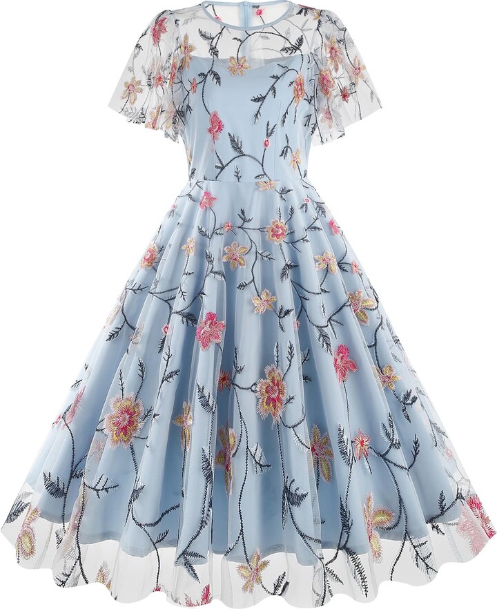 IWEMEK Women Mesh Floral Embroidery Vintage Cocktail Swing Dress Ruffle ...