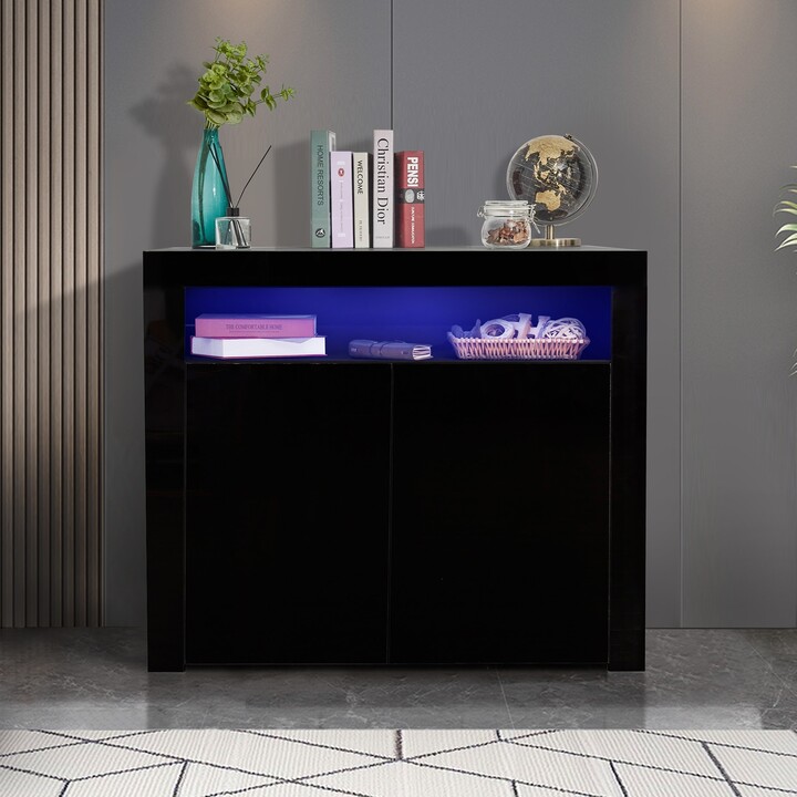 Living Room Sideboard Storage Cabinet Black High Gloss with LED Light ...
