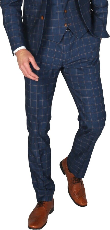 SIRRI Mens' Windowpane Check Suit Trousers Tailored Fit Navy Blue ...