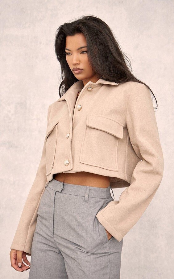 Sand Wool Look Button Up Structured Crop Jacket - Beige - ShopStyle