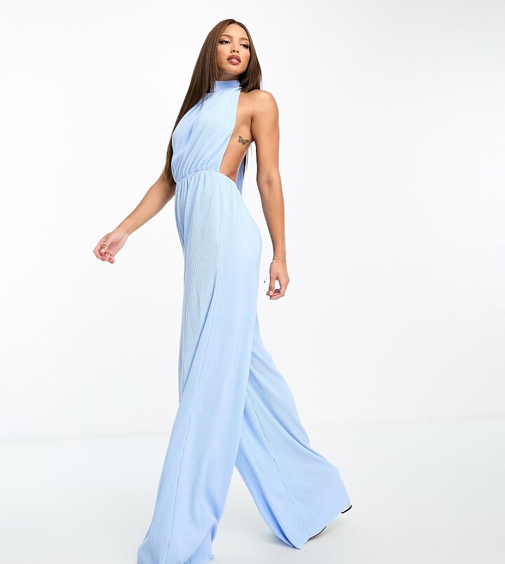 Extro & Vert Tall plisse halterneck extreme wide leg pleated jumpsuit ...
