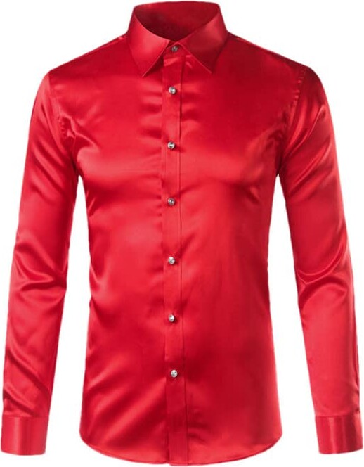 Kiioouu Men Satin Shirt Men Crystal Button Dress Shirts Mens Long ...