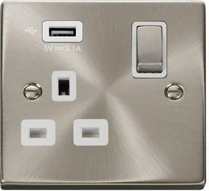 SE Home Satin / Brushed Chrome 1 Gang 13A DP Ingot 1 USB Switched Plug ...
