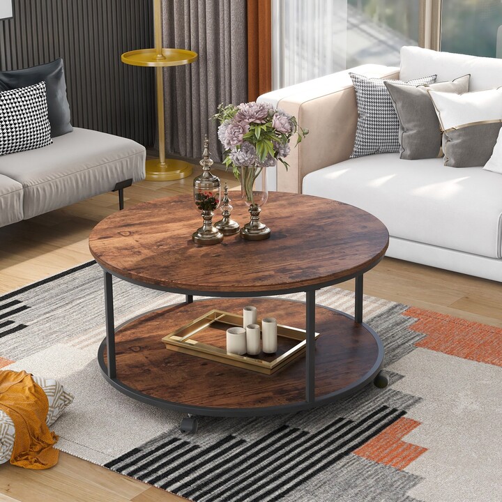 CTEX Round Coffee Table with Caster Wheels and Wood Textured Surface ...