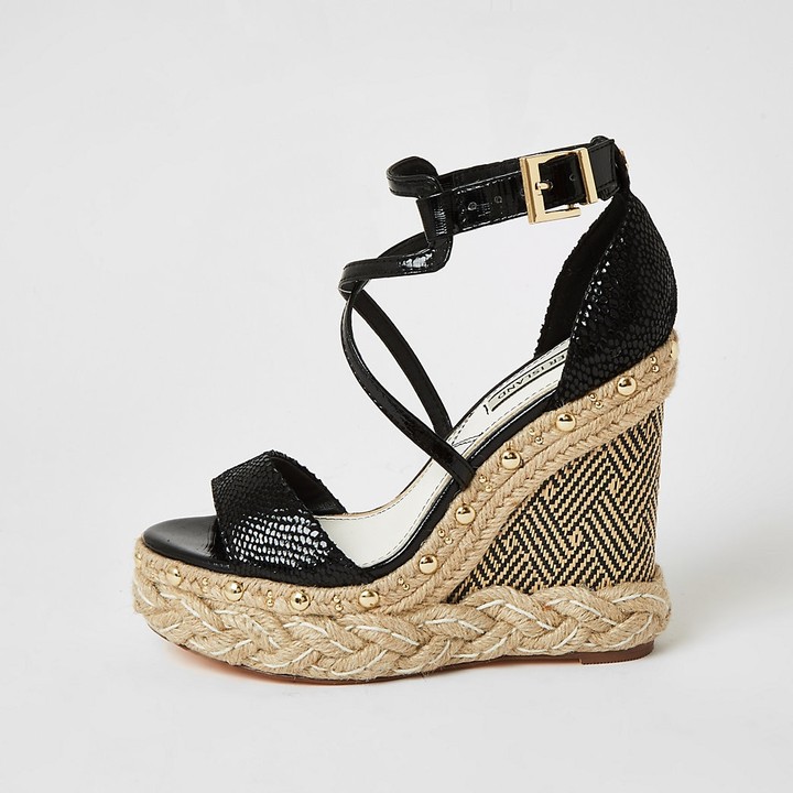 River Island Black cross strap espadrille wedge sandals - ShopStyle