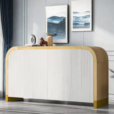 Ebern Designs 4-door Cabinet With Adjustable Shelves, Curved Corner Design And Wave Pattern ...