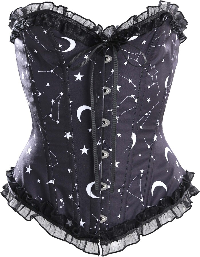 MEOWCOS Women Gothic Corset Star Constellation Print Lace Ruffle Boned ...