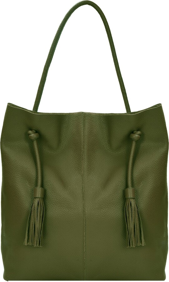 Brix+Bailey Olive Green Drawcord Leather Hobo Shoulder Bag - ShopStyle