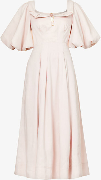 Aje Womens Blush Pink Jessica Puff-sleeve Linen-blend Midi Dress ...