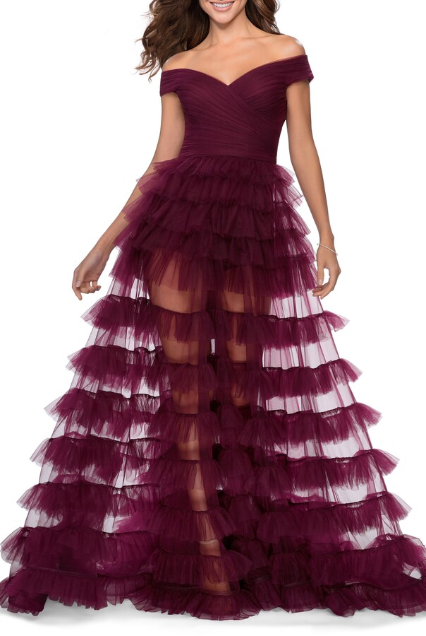 La Femme Off the Shoulder Sheer Tulle Ballgown - ShopStyle Evening Dresses