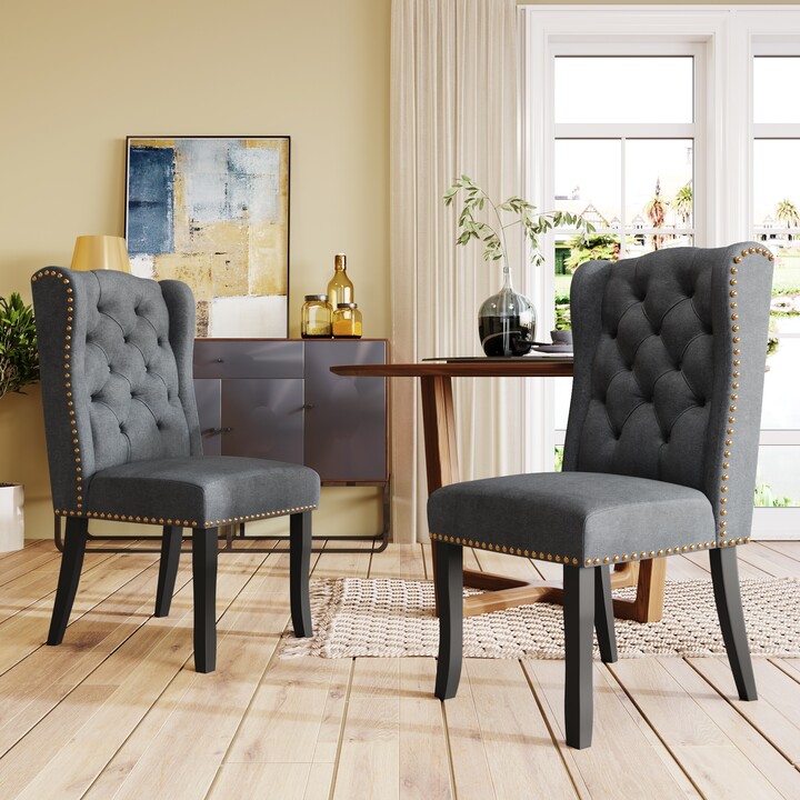 GREATPLANINC Classic Cotton Fabric Dining Chairs Set of 2 with Upholstered Dining Room Chairs ...