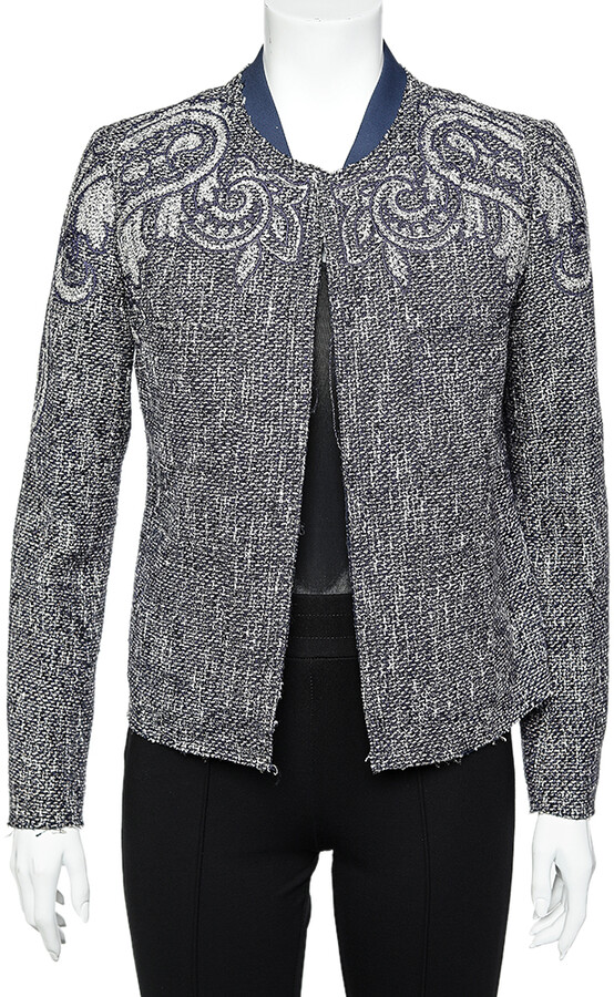 Etro Navy Blue Paisley Tweed Open Front Jacket M - ShopStyle