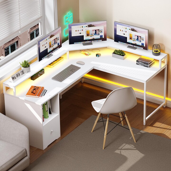 DWVO L Shaped Desk with Drawer & 3 Cubbies Storage Shelves - ShopStyle ...