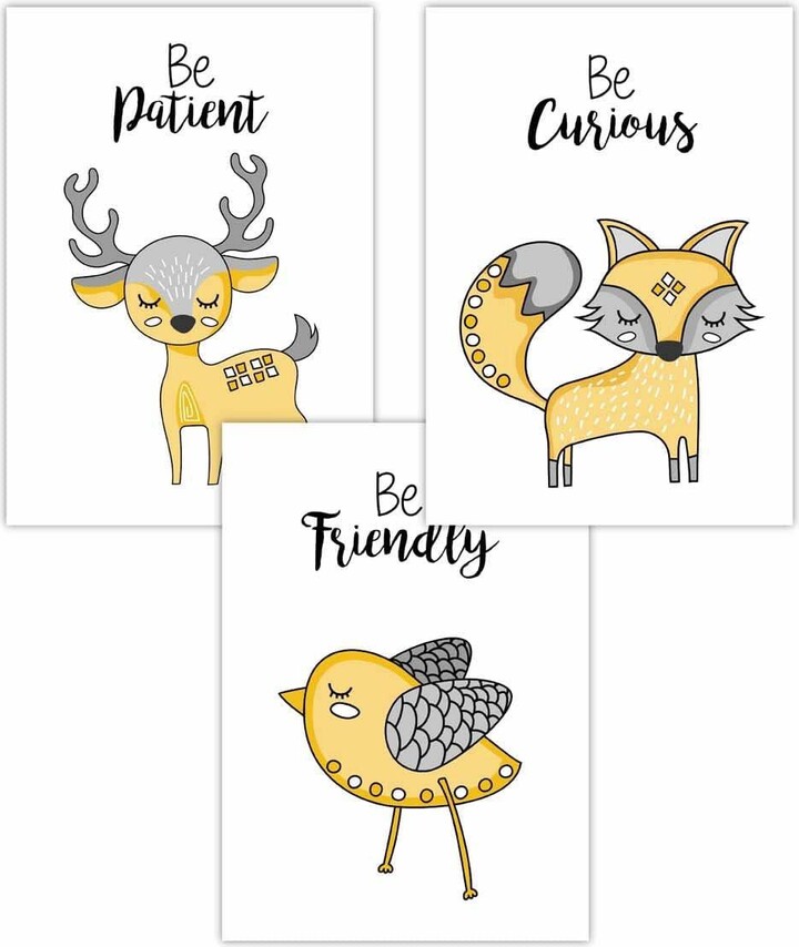 ARTZE Set of 3 Scandi Nursery Fox Animals Quote Yellow Grey Art Posters ...