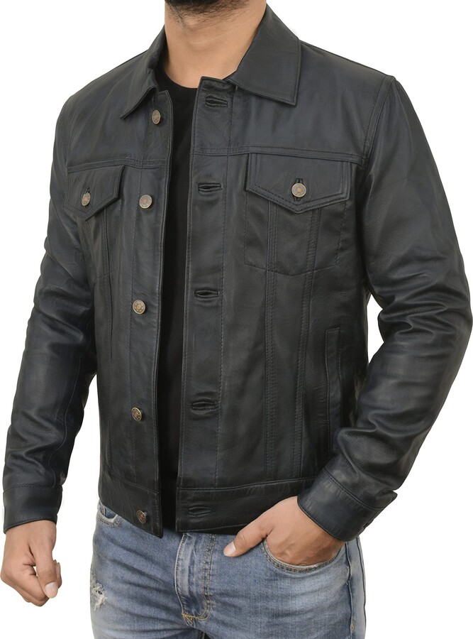 LP-FACON Trucker Leather Jacket - Black Biker Leather Jacket Men ...