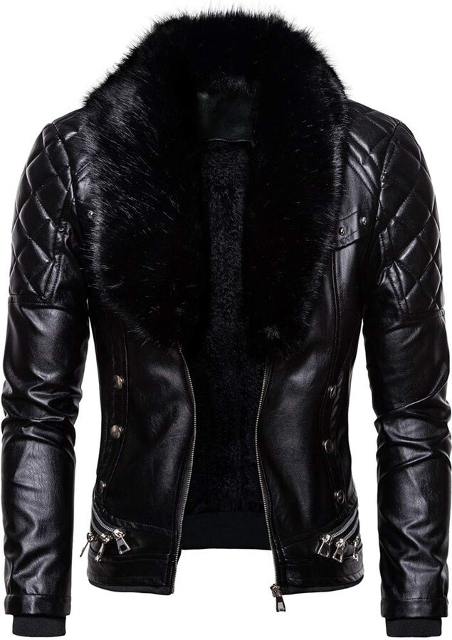 VESNIBA Faux Leather Bomber Jacket Men's Removable Fur Collar Steampunk ...