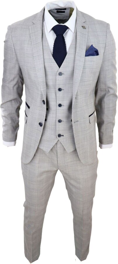 TruClothing Mens Light Grey 3 Piece Suit Navy Blue Check Velvet Trims Wedding Tailored Fit ...