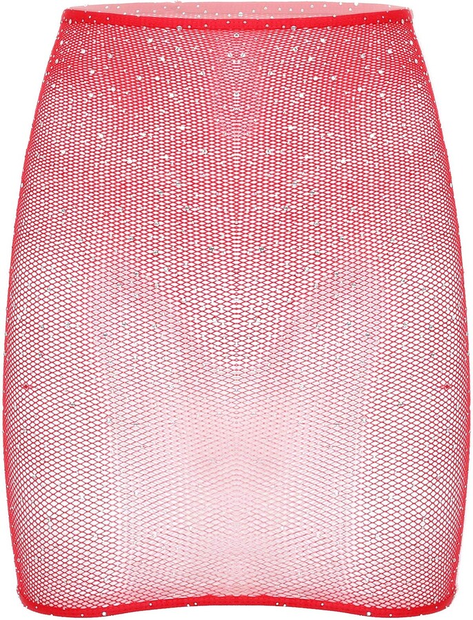 TiaoBug Womens Glitter Rhinestone Mesh See Through Mini Skirt Sheer ...
