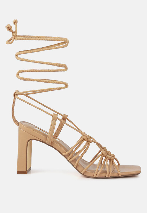 London Rag Strings Attach Braided Tie Up Block Heel Sandals - ShopStyle