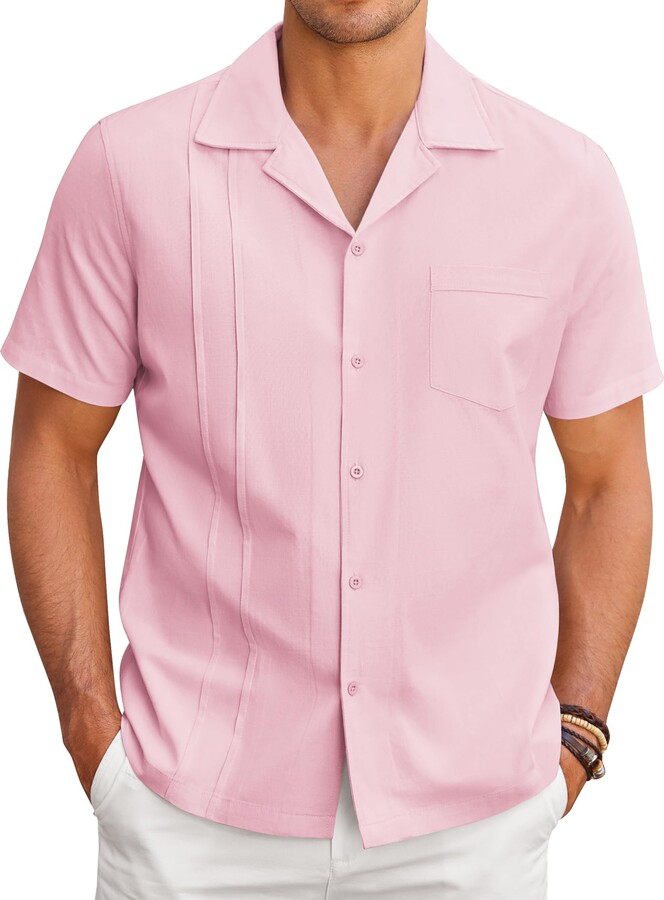 COOFANDY Mens Cuban Guayabera Shirt Short Sleeve Button Down Shirts Casual Summer Linen Shirts ...