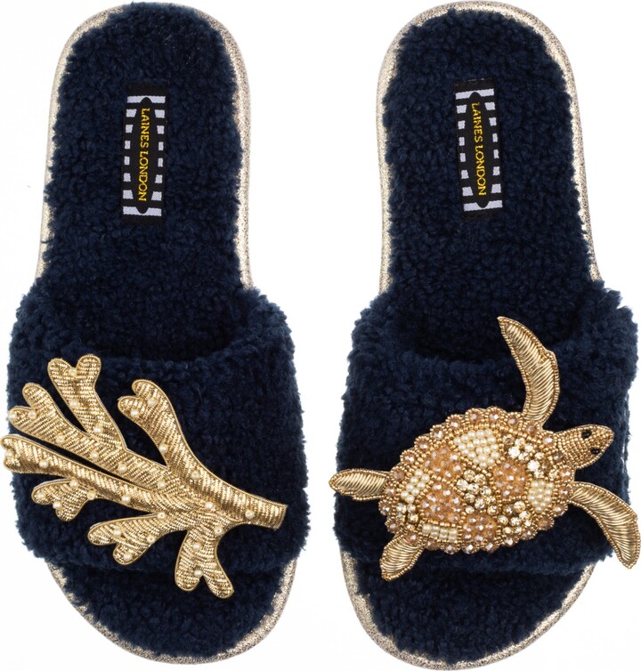 LAINES LONDON - Teddy Towelling Slipper Sliders With Artisan Gold ...