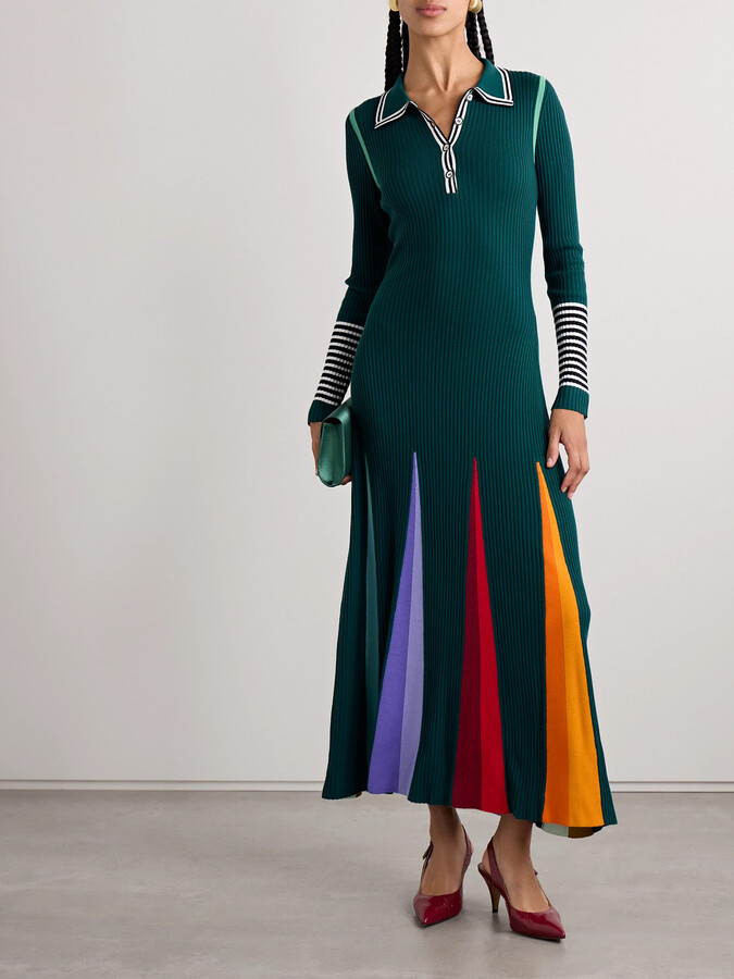 Christopher John Rogers Godet Striped Ribbed Merino Wool Polo Maxi ...